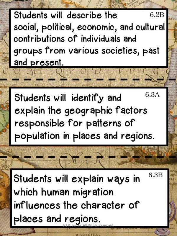 6th Grade Texas TEKS Social Studies Learning Objectives Cards | Color ...
