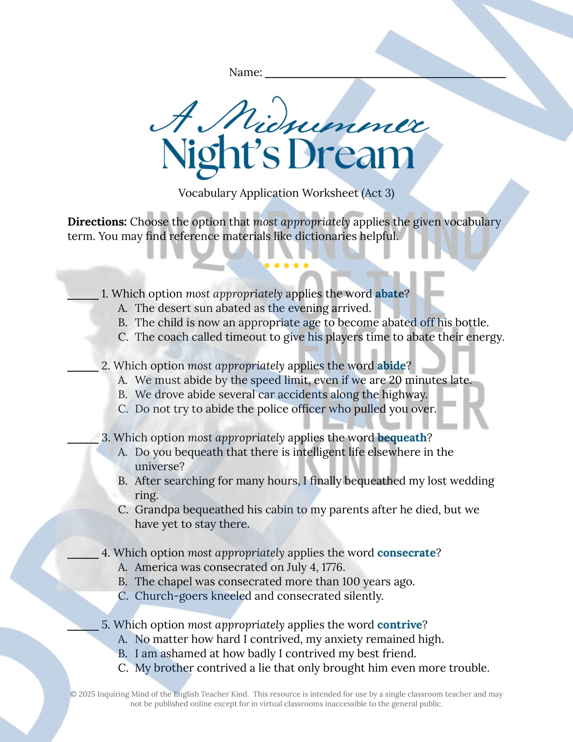 A Midsummer Night's Dream Act 3 Quiz, Analysis Worksheets, and ...