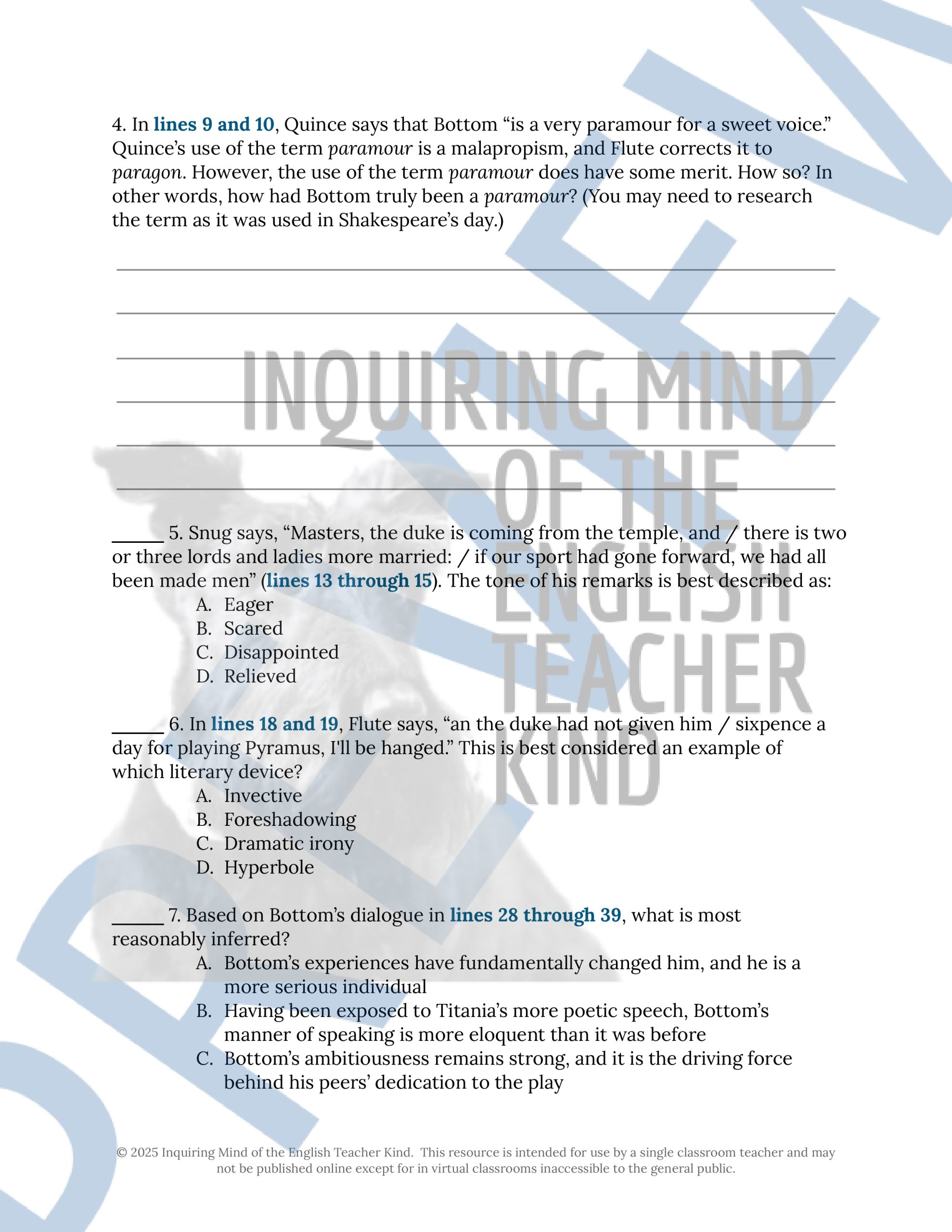 A Midsummer Night's Dream Act 4 Quiz, Analysis Worksheets, and ...