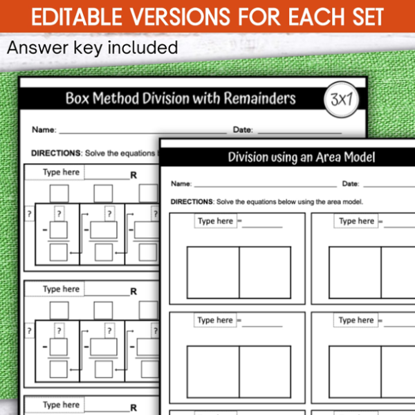 EDITABLE Box Method Division Worksheets Bundle 1 and 2 Digit Divisors ...