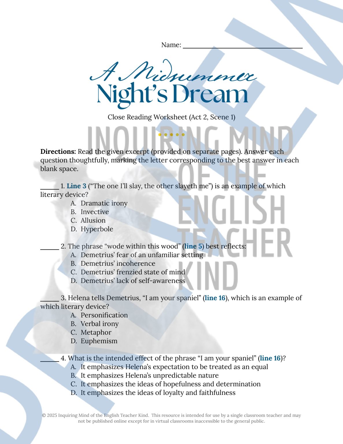 A Midsummer Night's Dream Close Reading Analysis Worksheets and Answer ...