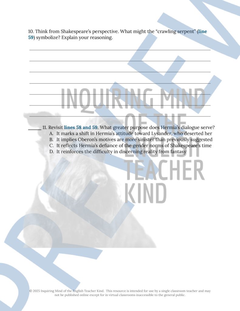 A Midsummer Night's Dream Close Reading Analysis Worksheets and Answer ...