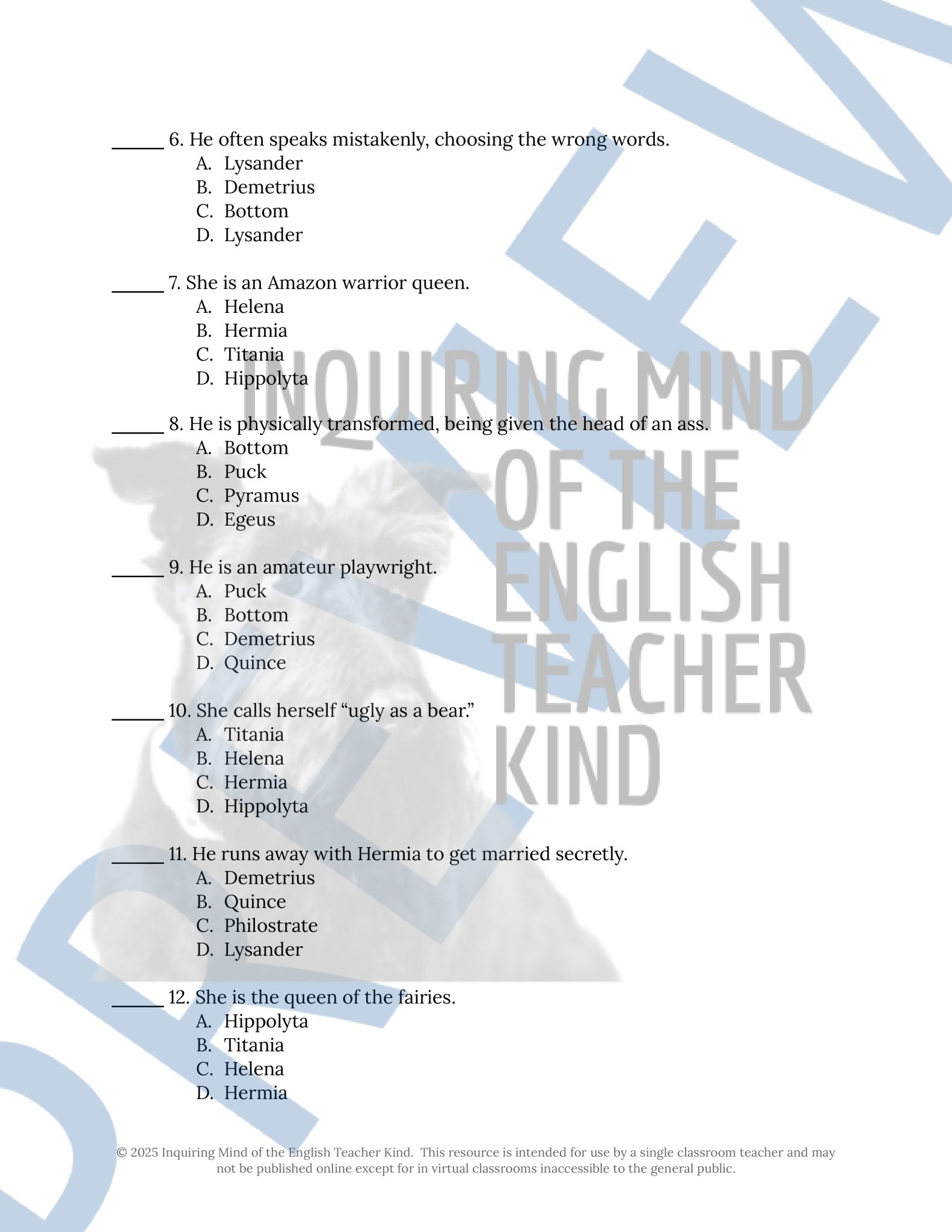 A Midsummer Night's Dream Quizzes, Worksheets, Test, and Answer Keys ...