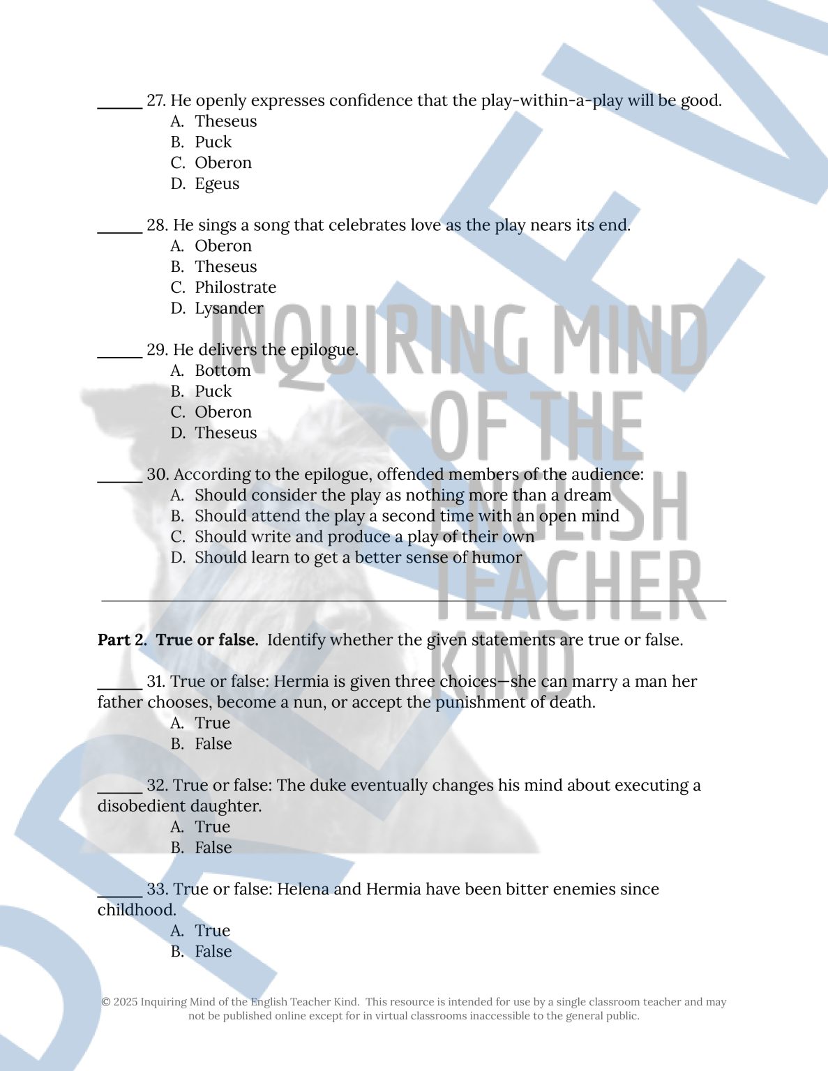 A Midsummer Night's Dream Quizzes, Worksheets, Test, and Answer Keys ...