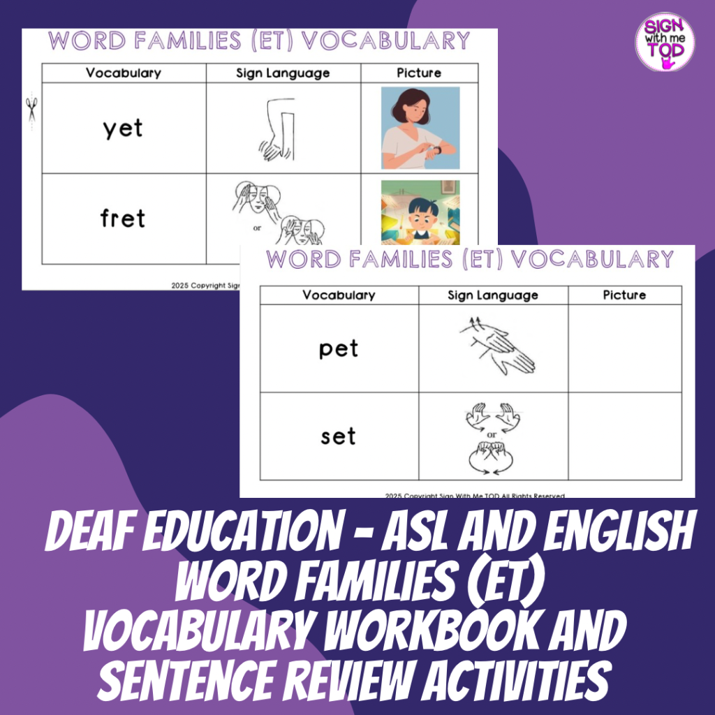 Deaf Education ASL and English Word Families (et) Vocabulary Workbook ...