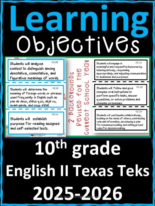 10th Grade Texas TEKS | English II Learning Objectives Cards | Color ...
