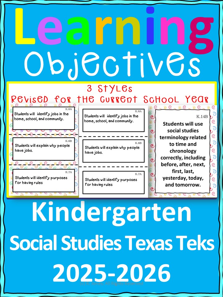 Kindergarten Social Studies TEKS Learning Objective Cards/ 3 Posters ...