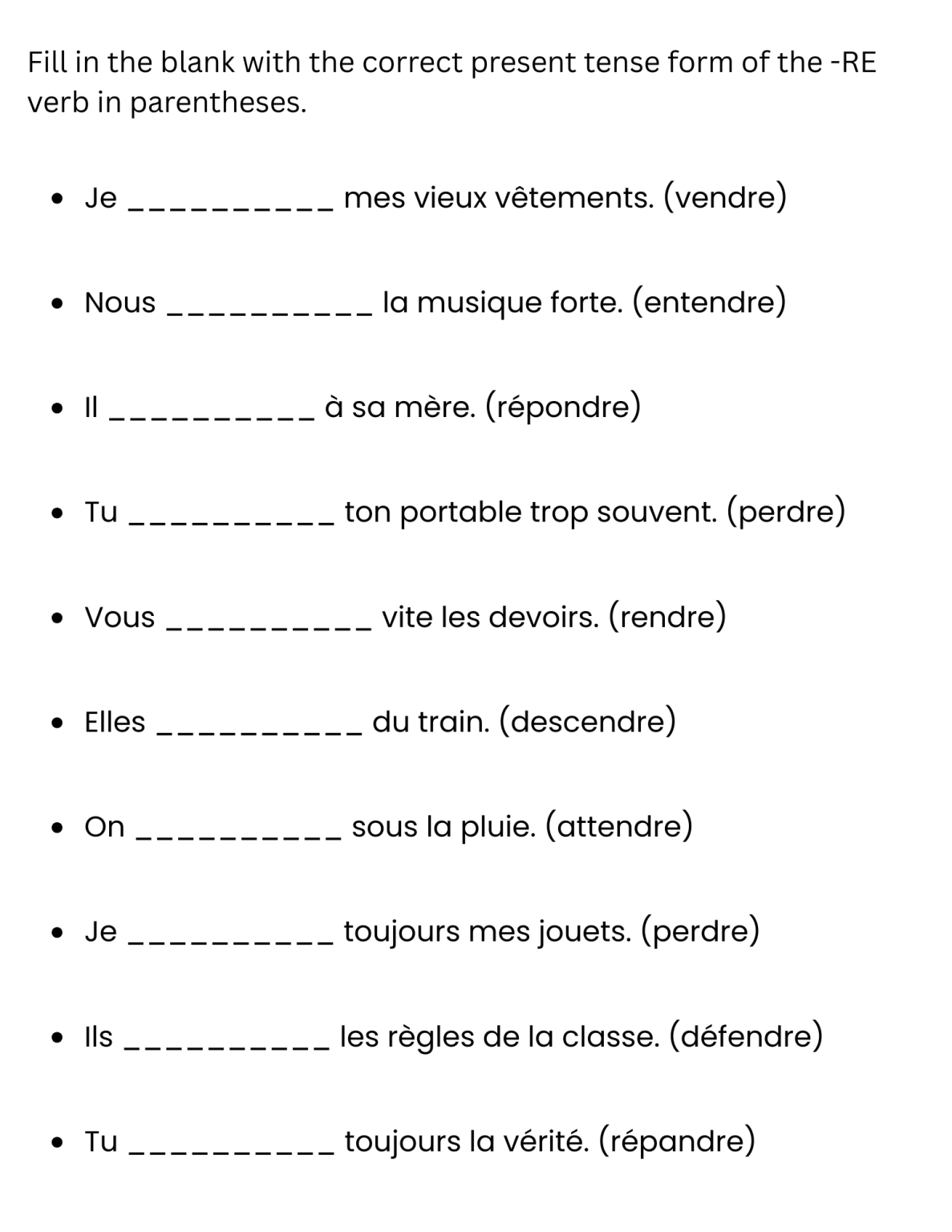 re verbs in the present tense french | Made By Teachers