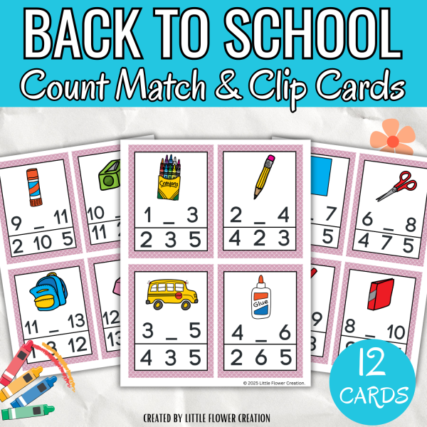 Back To School Count Match and Clip Cards Preschool Math Number Center ...
