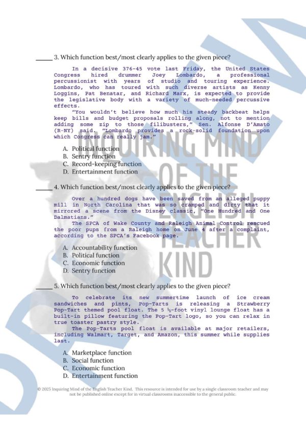 Introduction to Journalism Media Functions Worksheet and Answer Key ...
