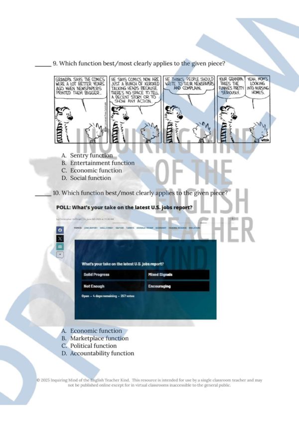 Introduction to Journalism Media Functions Worksheet and Answer Key ...