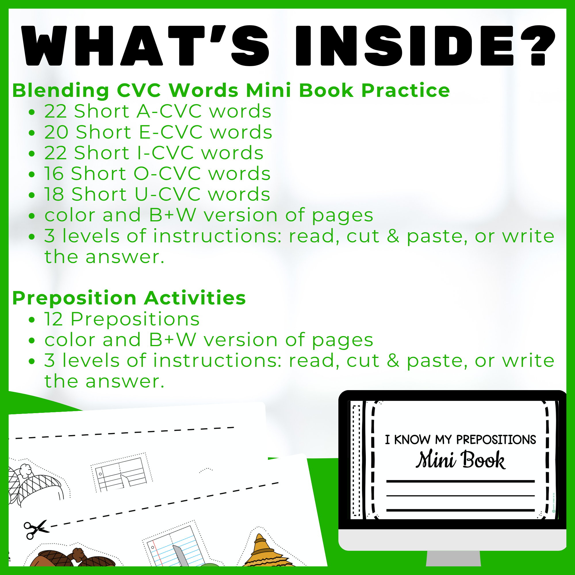BUNDLE Blending Short CVC words and Preposition Mini Book Practice ...