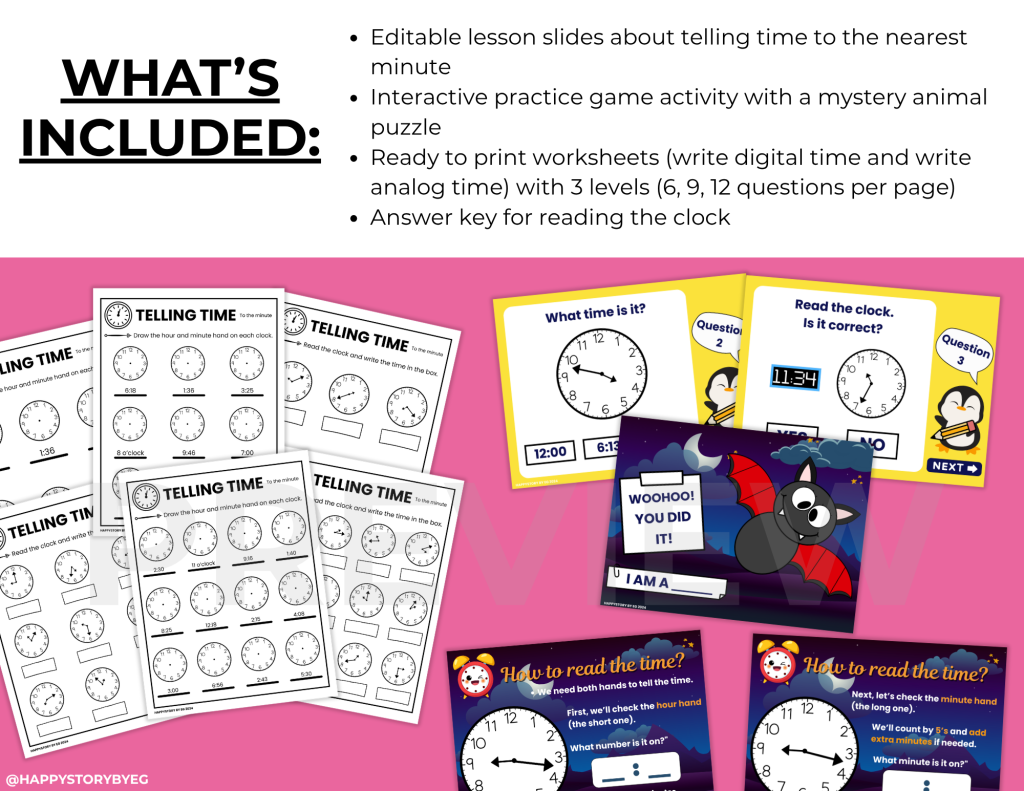 Telling Time to the Nearest Minute Lesson Slides Games and Worksheets ...