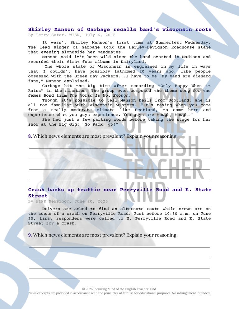 Elements of News Worksheet and Answer Key for High School Journalism ...