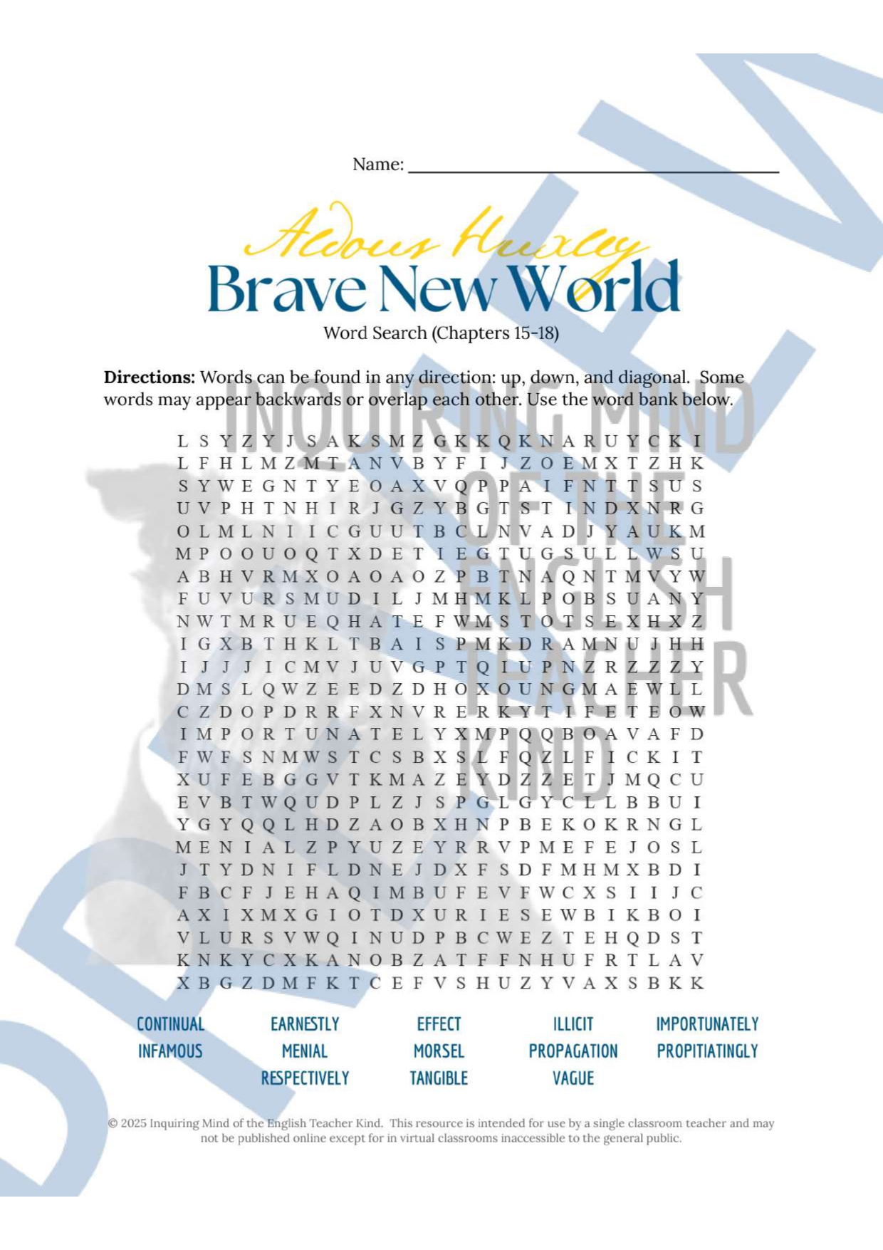 Brave New World Chapters 15, 16, 17, and 18 Vocabulary Games for High ...