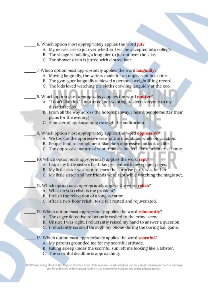 "A Red Dress" by Alice Munro Vocabulary Enrichment Activities for High ...
