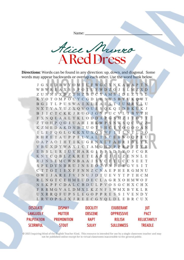 "A Red Dress" by Alice Munro Vocabulary Enrichment Activities for High ...