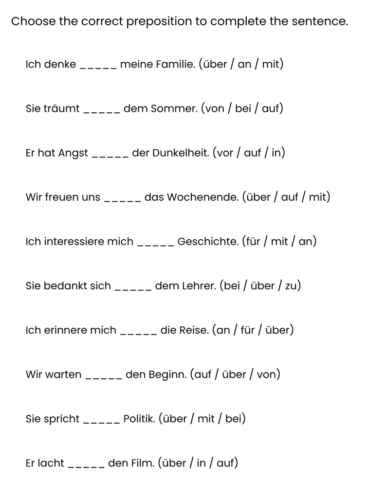 verbs with prepositions german exercises with answers - Made By Teachers
