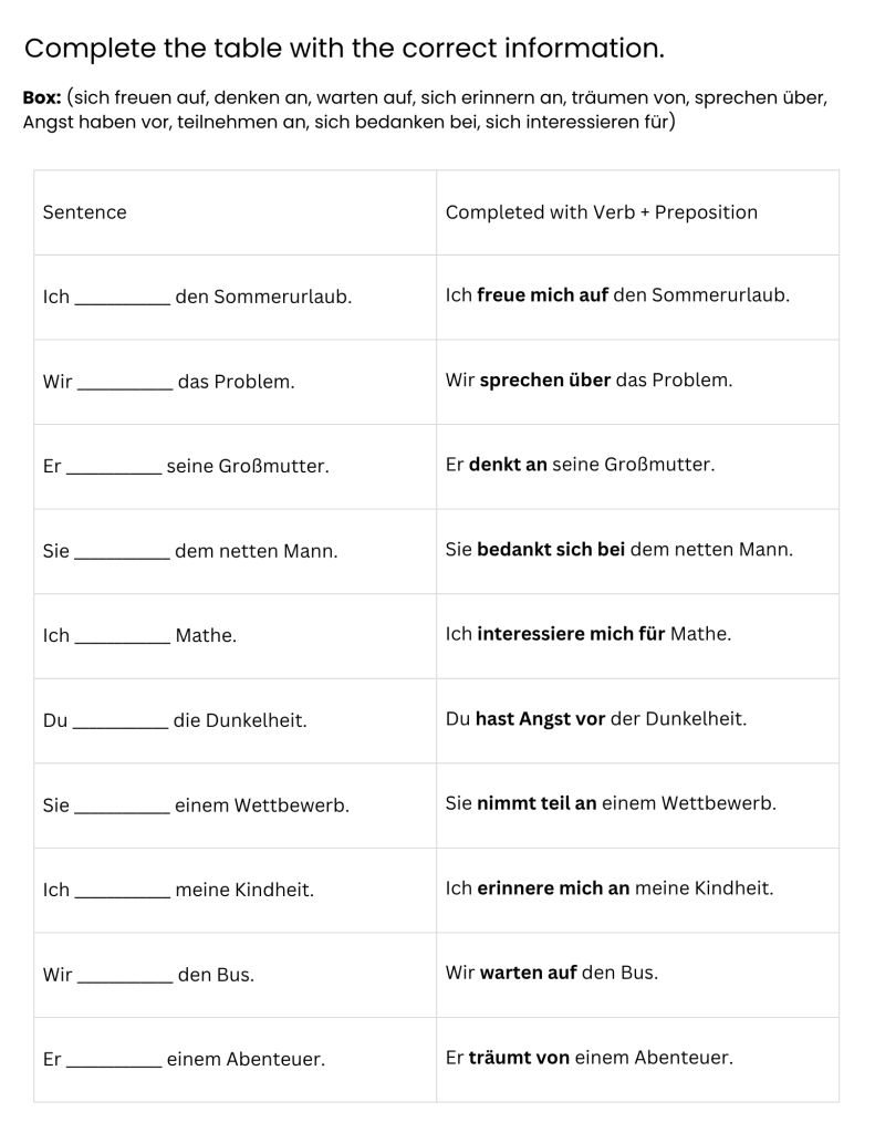 verbs with prepositions german exercises with answers - Made By Teachers