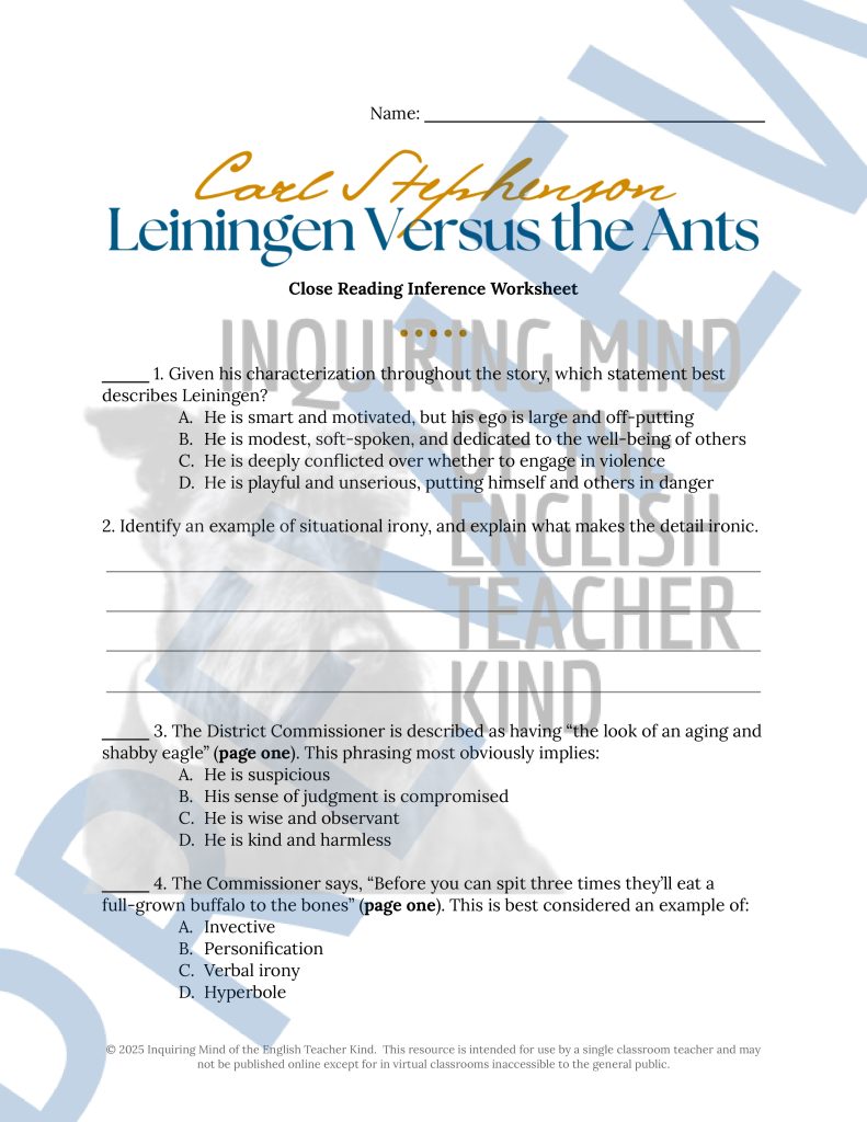 "Leiningen Versus the Ants" Quiz, Analysis Worksheet, and Vocabulary ...