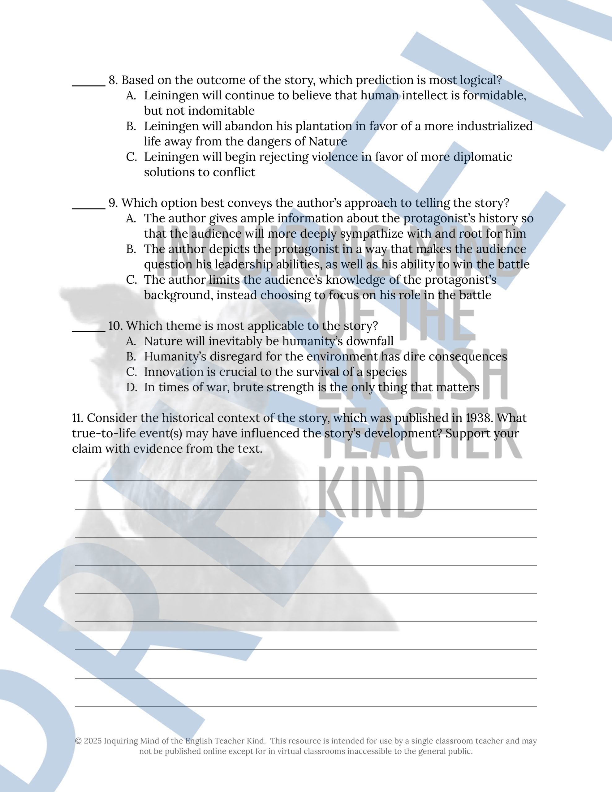 "Leiningen Versus the Ants" Quiz, Analysis Worksheet, and Vocabulary ...