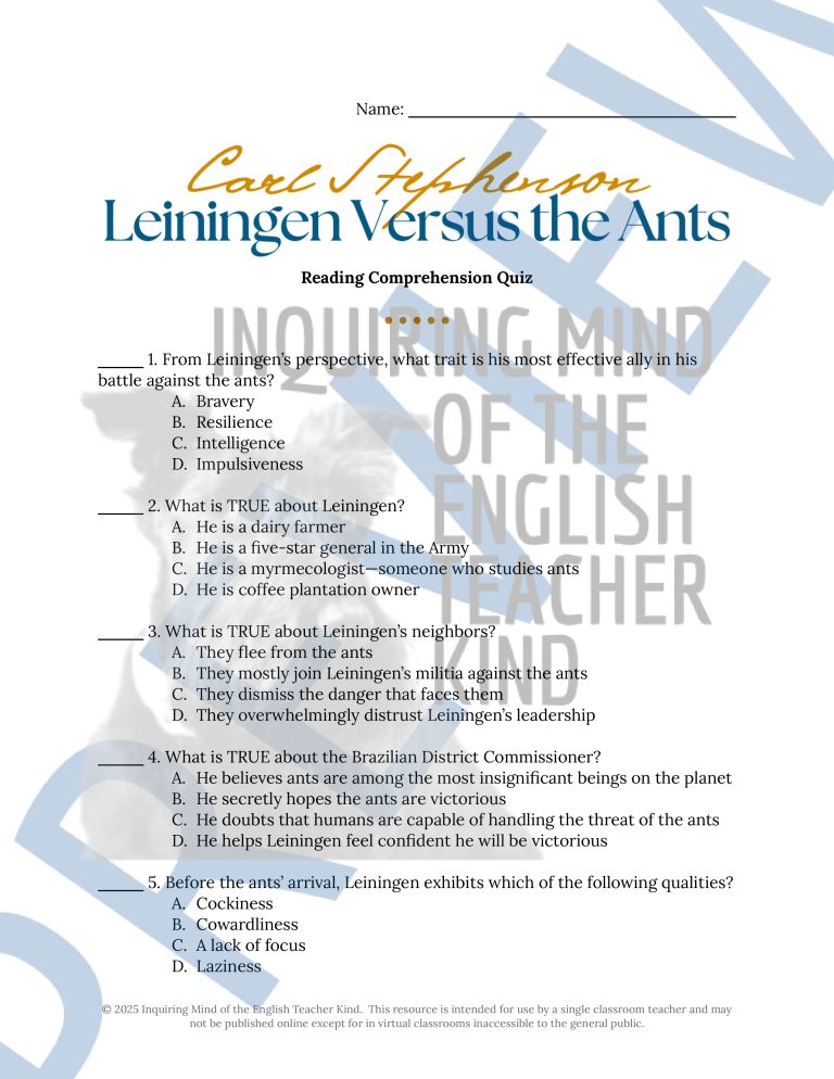 "Leiningen Versus the Ants" Quiz, Analysis Worksheet, and Vocabulary ...