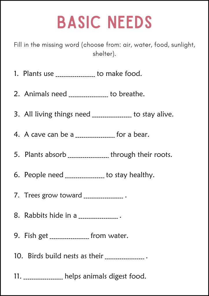 Basic Needs of Animals and Plants Activity Worksheets for Grade 1, 2, 3 ...