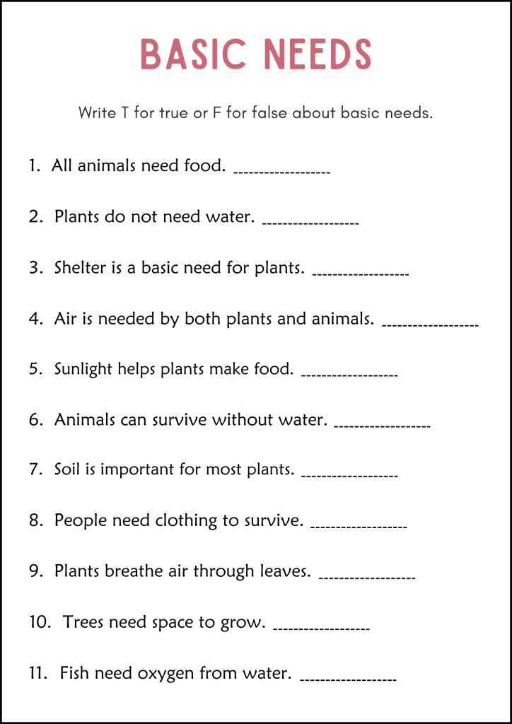 Basic Needs of Animals and Plants Activity Worksheets for Grade 1, 2, 3 ...