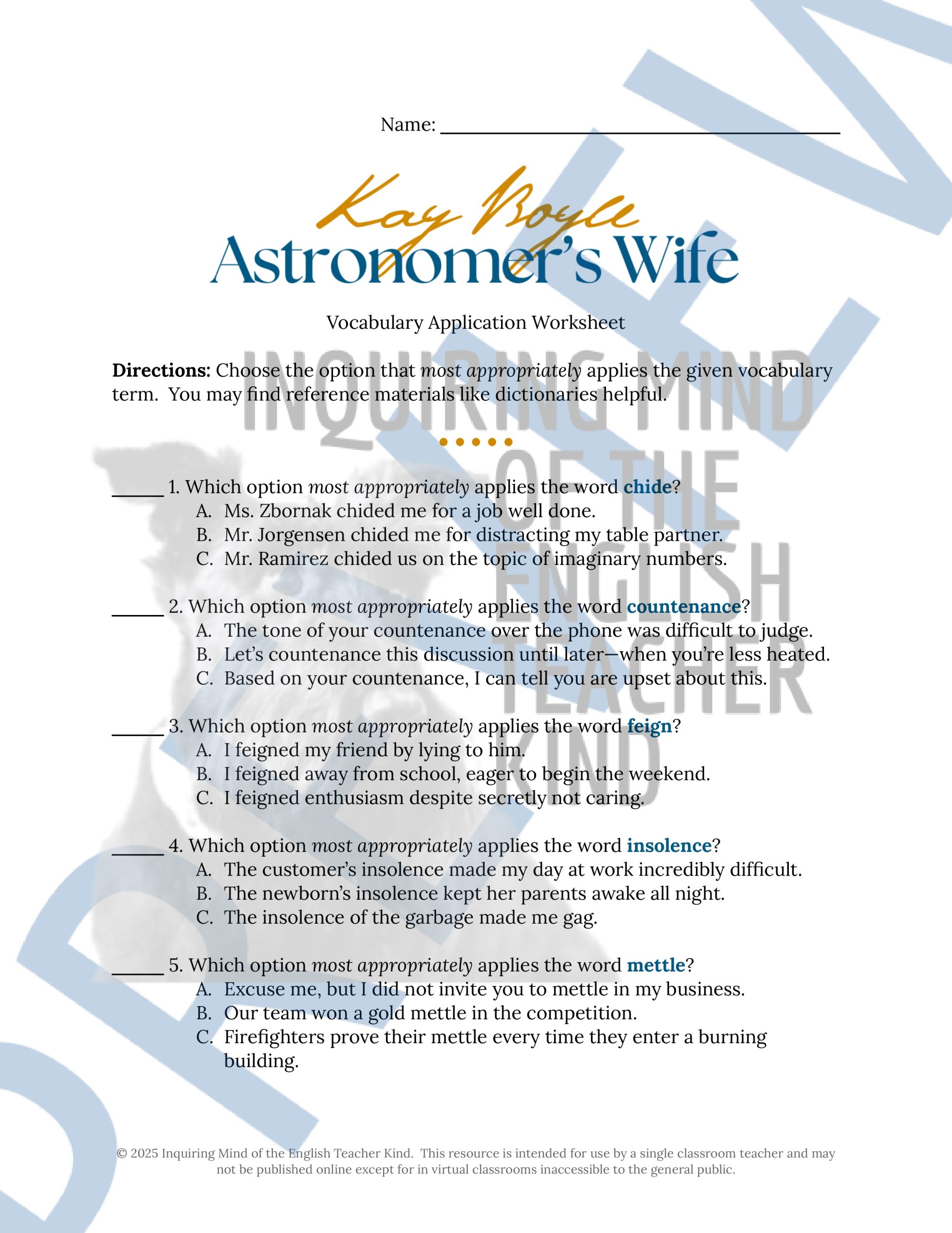 "Astronomer's Wife" by Kay Boyle Vocabulary Enrichment Activities ...