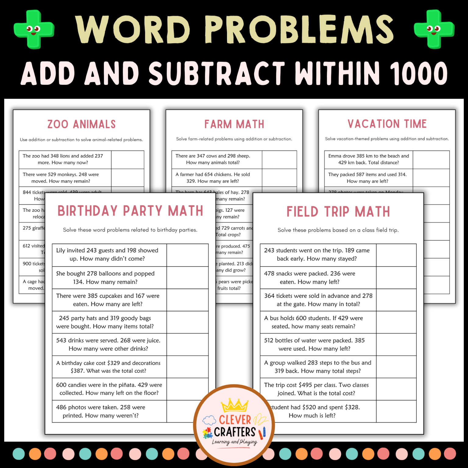 Addition and Subtraction Word Problems Within 1000 Worksheets for Grade ...