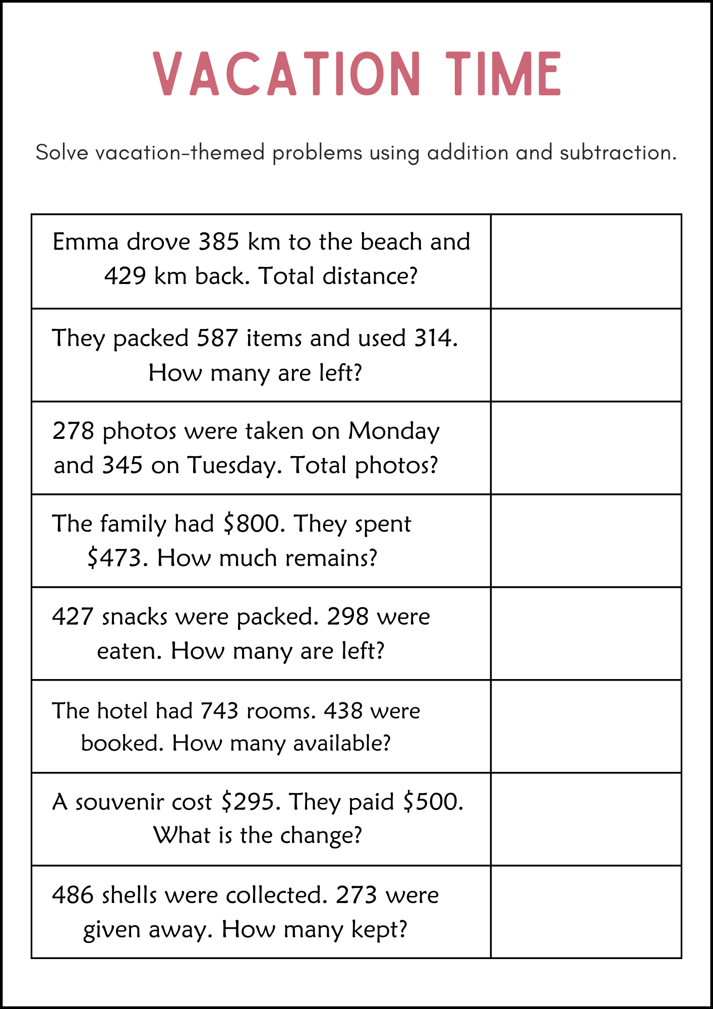 Addition and Subtraction Word Problems Within 1000 Worksheets for Grade ...