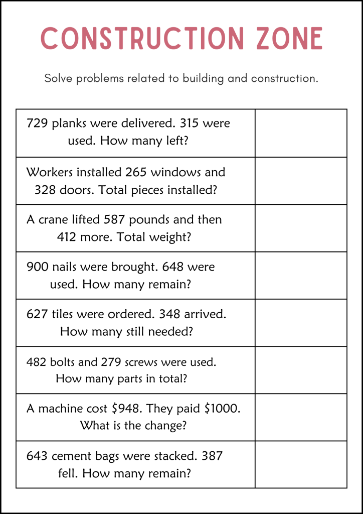 Addition and Subtraction Word Problems Within 1000 Worksheets for Grade ...