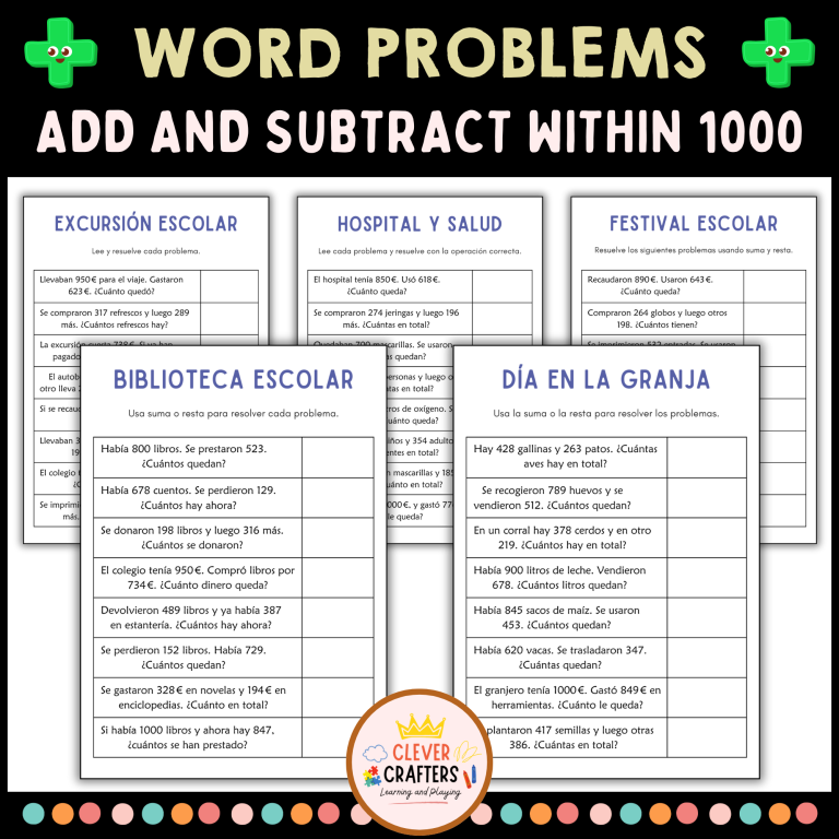 Addition and Subtraction Word Problems Within 1000 Worksheets in ...