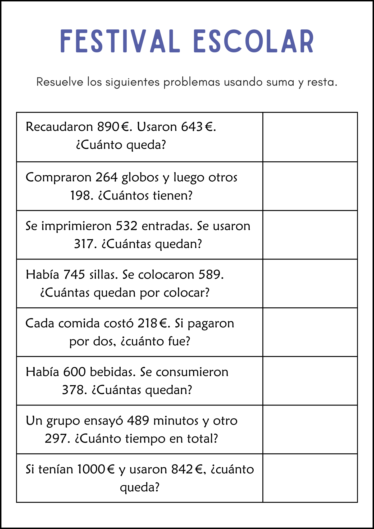 Addition and Subtraction Word Problems Within 1000 Worksheets in ...