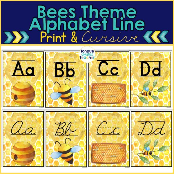 Yellow Bees Theme Alphabet Line Print and Cursive Classroom Decor ...