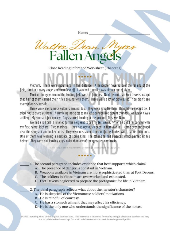 Fallen Angels by Walter Dean Myers Close Reading Analysis Worksheets ...