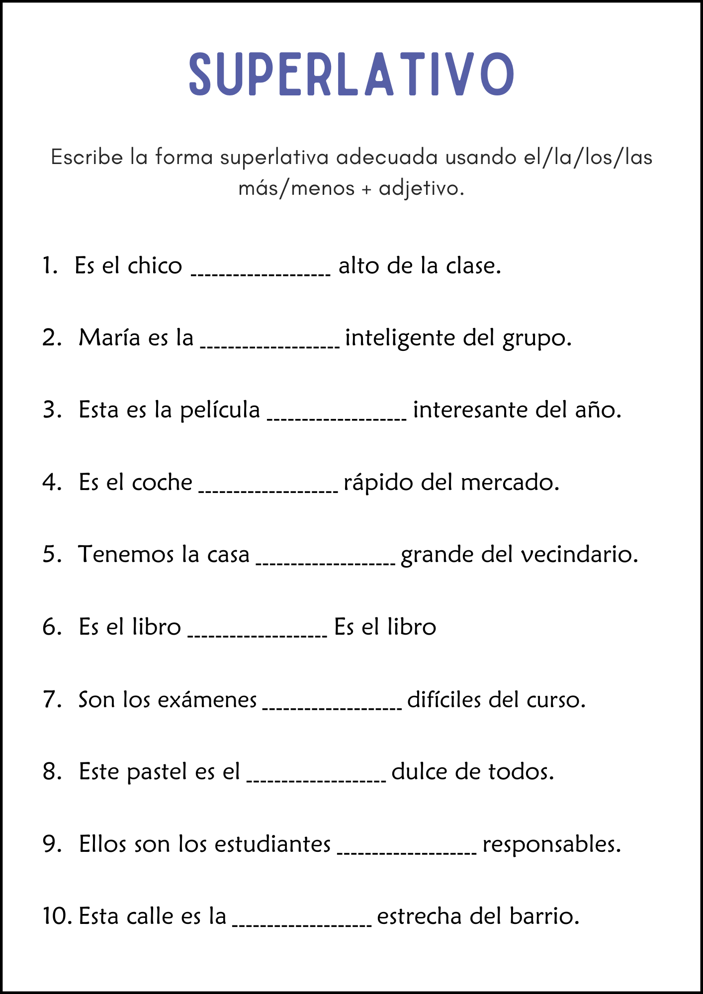 Superlative and Comparative Adjective Grammar Worksheets in Spanish ...