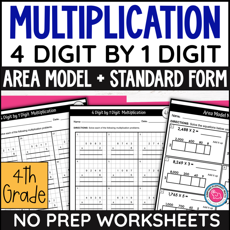 Multiplication Worksheets 4 Digit by 1 Digit Area Model and Standard ...