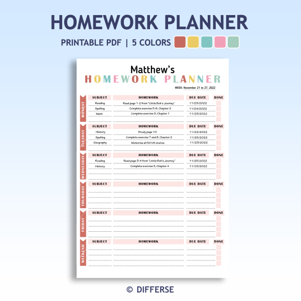 Homework Planner | Homework Chart | Homework Tracker | Homeschool ...