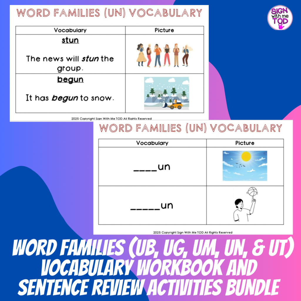 Word Families (ub, ug, um, un, ut) Vocabulary and Sentence Workbook ...