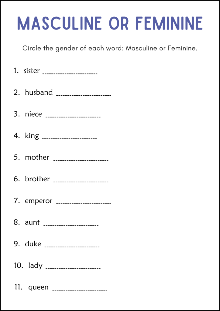 Masculine and Feminine Gender of Nouns Grammar Worksheets for Grade 1 ...