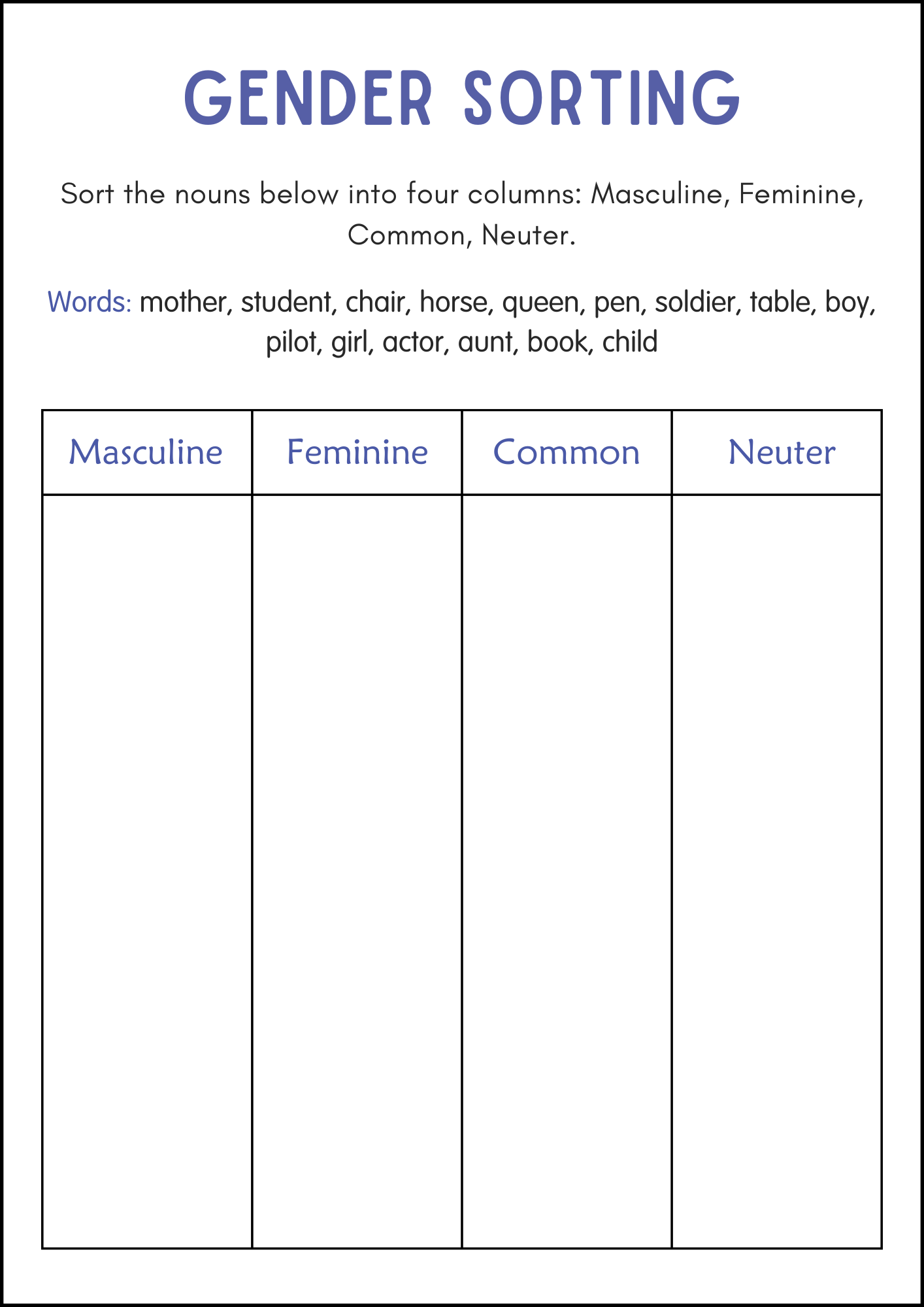 Masculine and Feminine Gender of Nouns Grammar Worksheets for Grade 1 ...