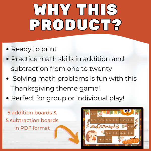 Thanksgiving Math Board Games Addition and Subtraction 1 to 20 ...