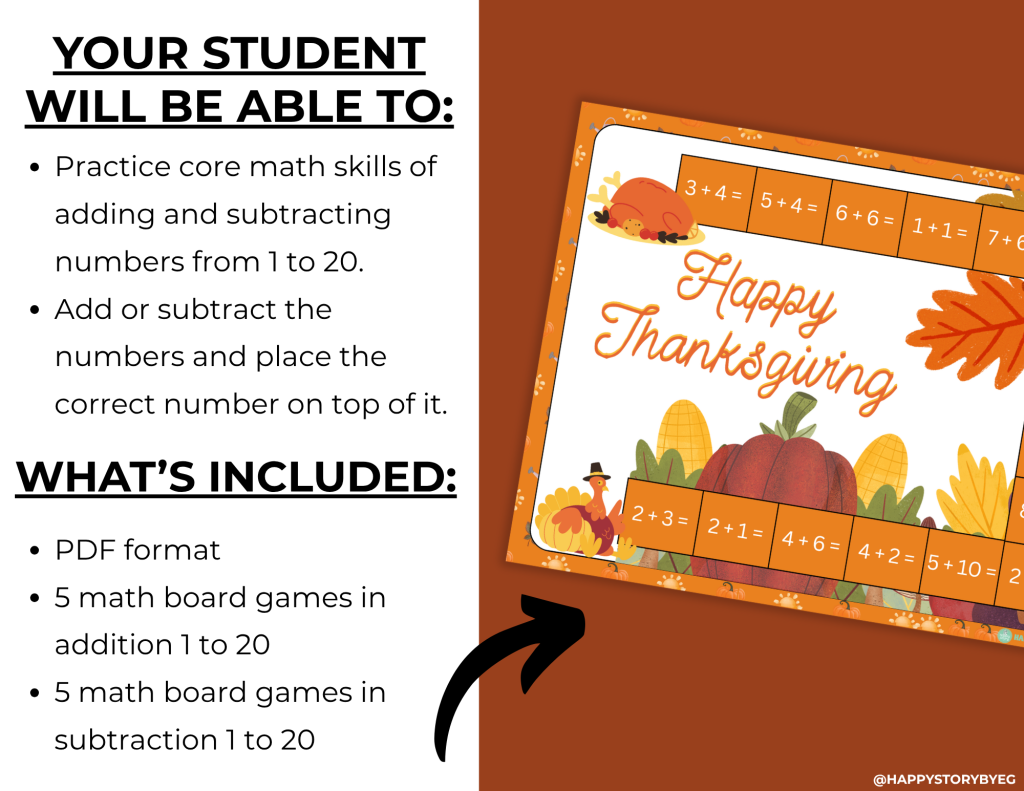 Thanksgiving Math Board Games Addition and Subtraction 1 to 20 ...