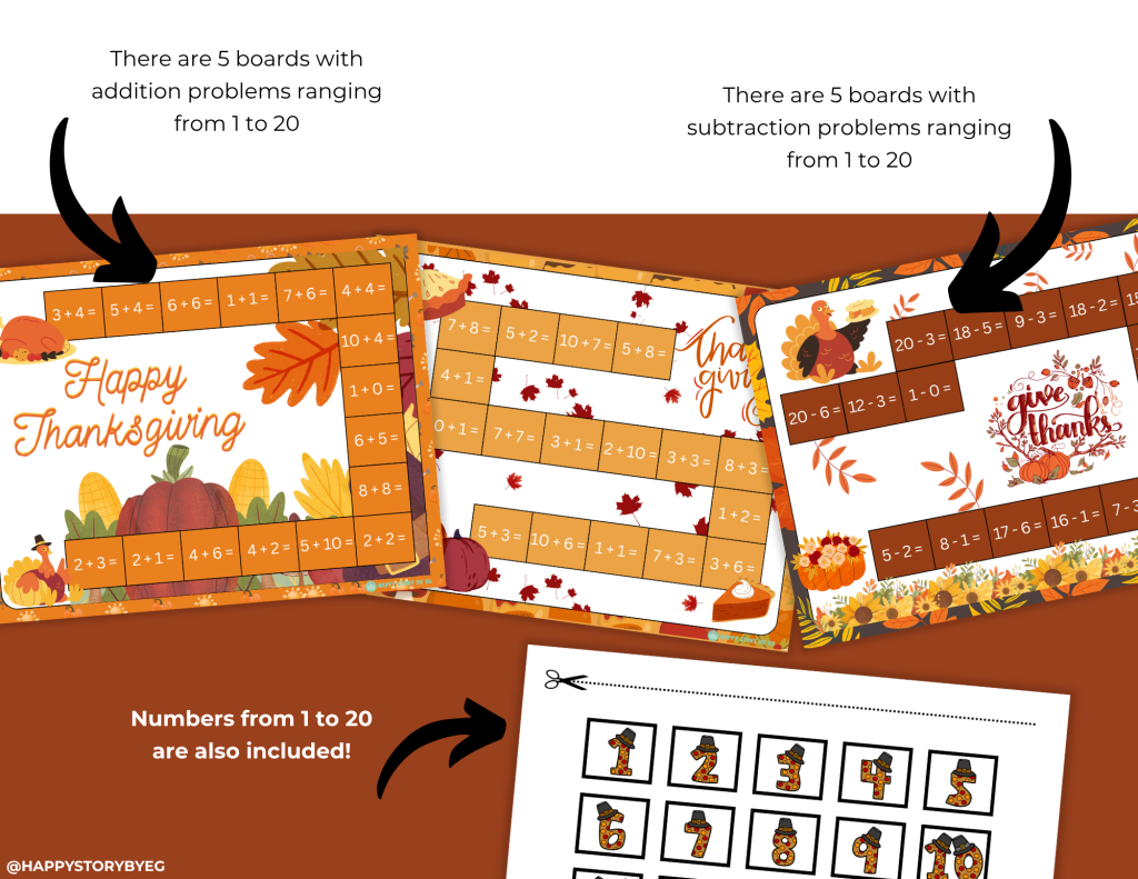 Thanksgiving Math Board Games Addition and Subtraction 1 to 20 ...