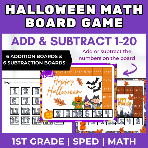 Halloween Math Board Games Addition and Subtraction 1 to 20 Activities ...