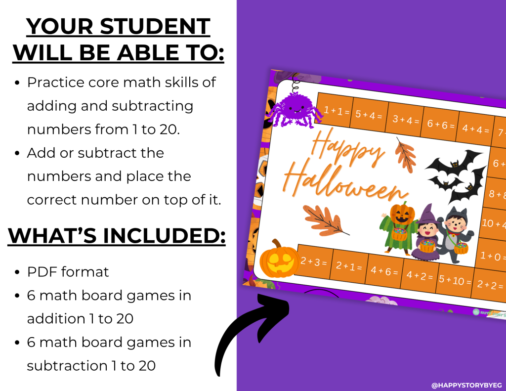 Halloween Math Board Games Addition and Subtraction 1 to 20 Activities ...