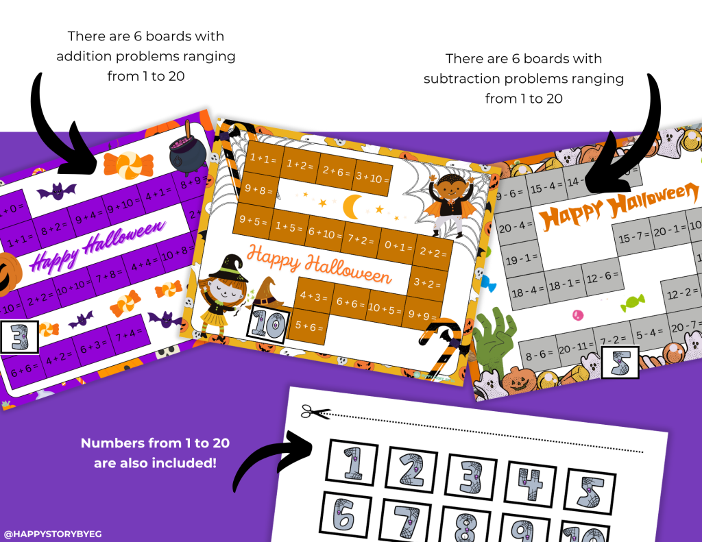 Halloween Math Board Games Addition and Subtraction 1 to 20 Activities ...