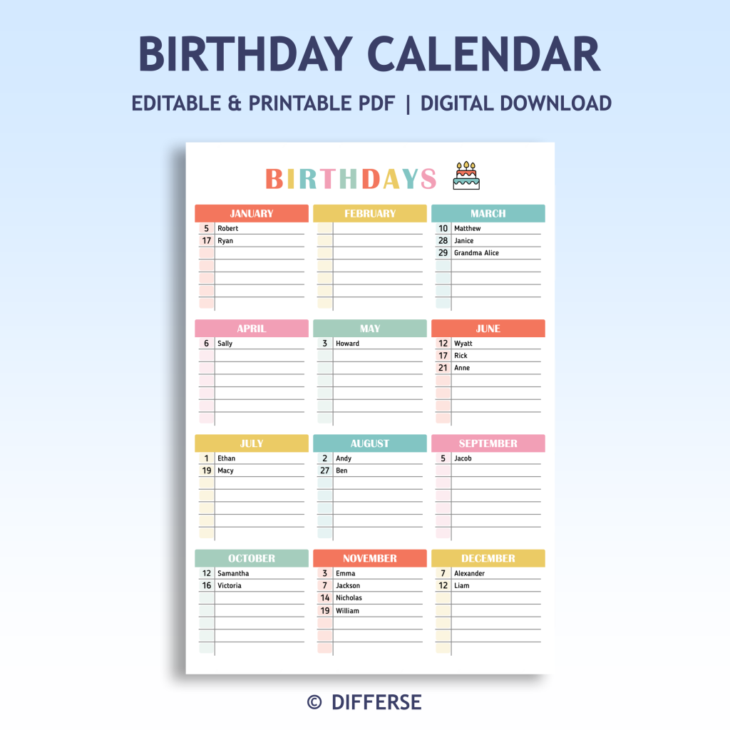 Birthday Calendar | Editable Classroom Birthday Chart | Class Birthday ...