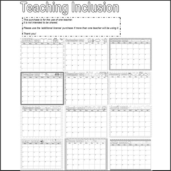 Calendar Coloring Pages SCHOOL Year 2025 - 2026 12 Months Blank Monthly ...